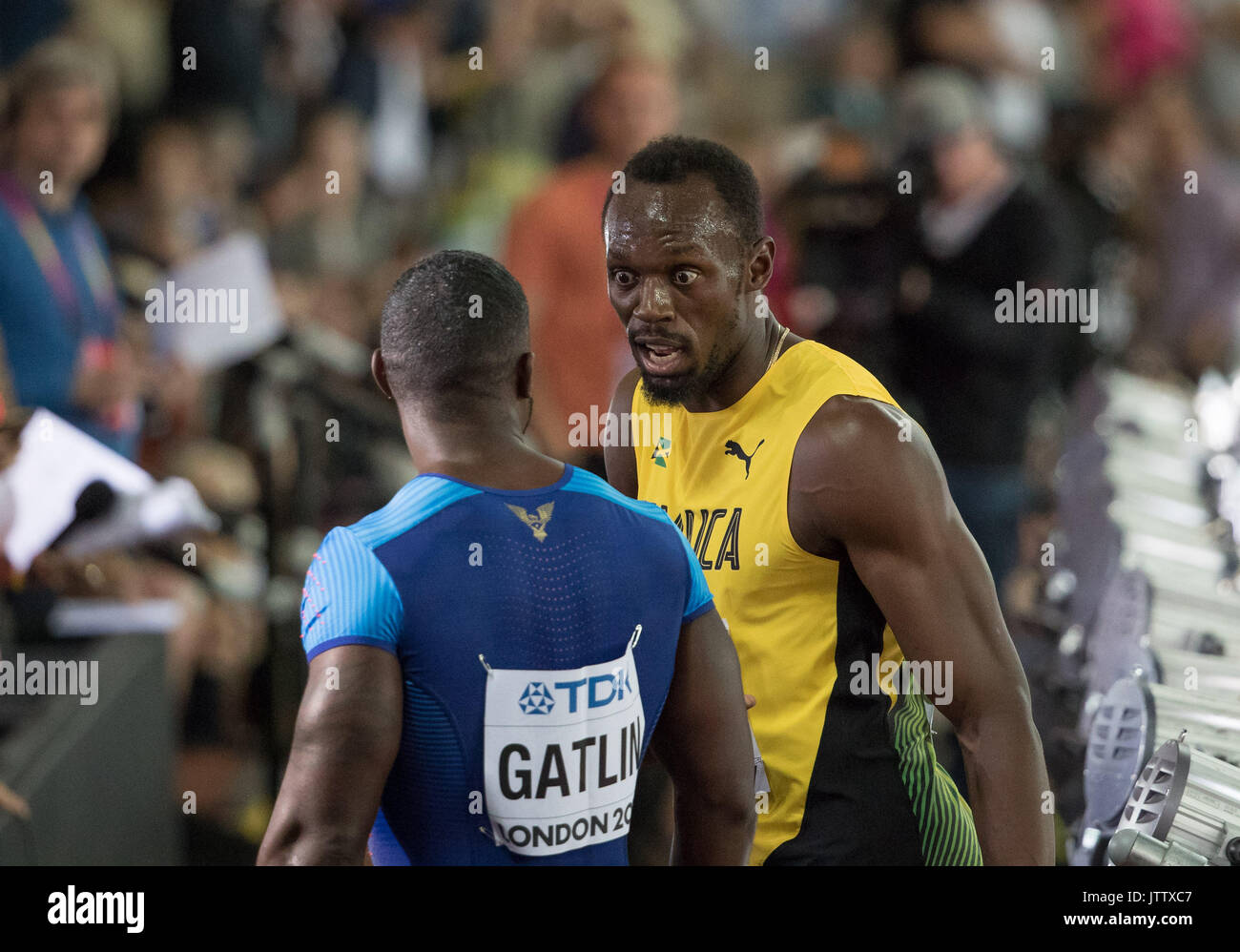 Usain Bolt points stares at Justin Gatlin after the round 1 heats of ...