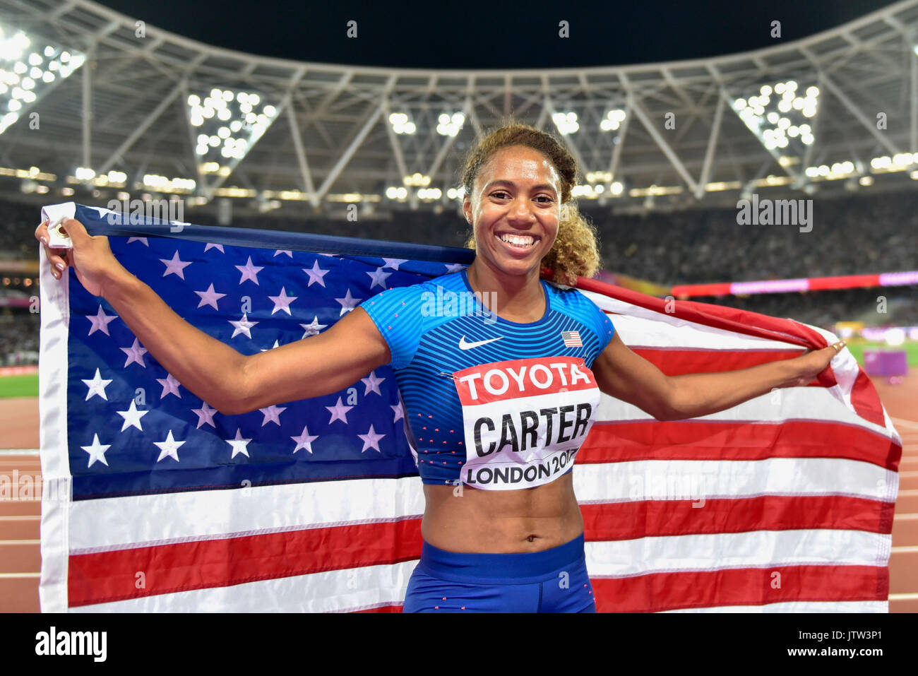 London, UK. 10 August 2017. Kori Carter (USA) finishes wins the women's ...