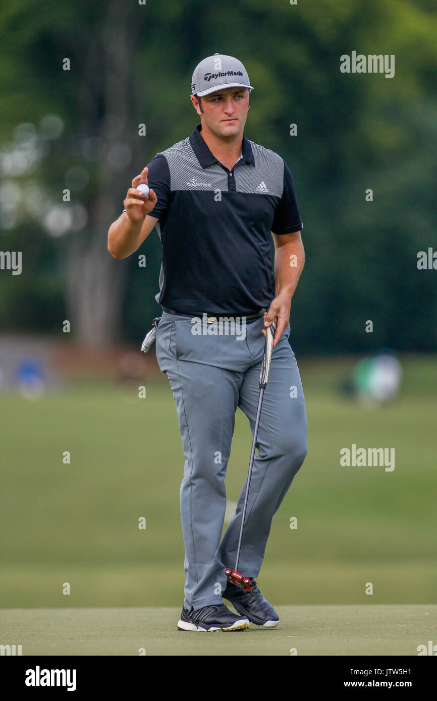 Charlotte, North Carolina, USA. 10th Aug, 2017. Jon Rahm of Spain waves ...