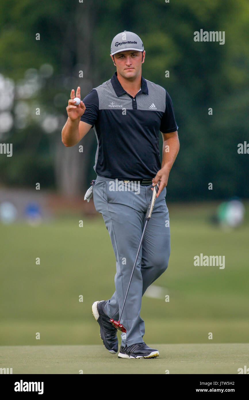 Charlotte, North Carolina, USA. 10th Aug, 2017. Jon Rahm of Spain waves ...