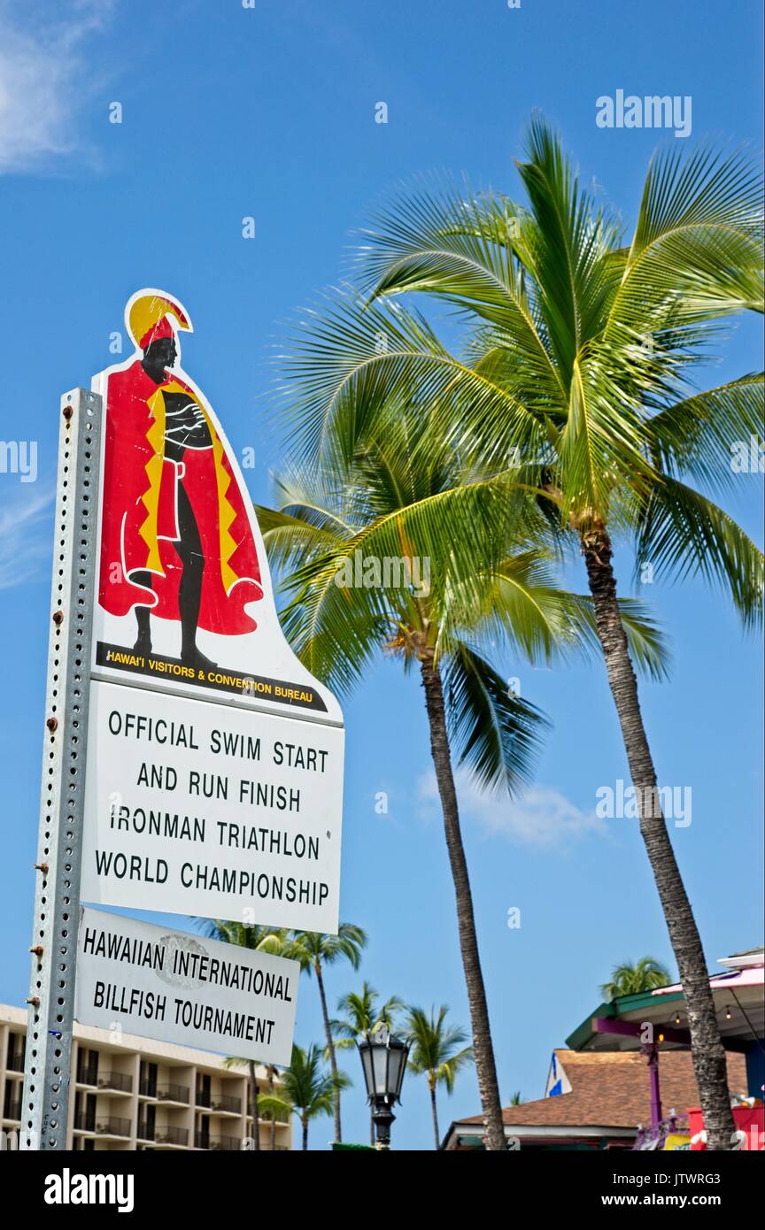 Street sign marking the route for the Ironman triathalon conducted on ...