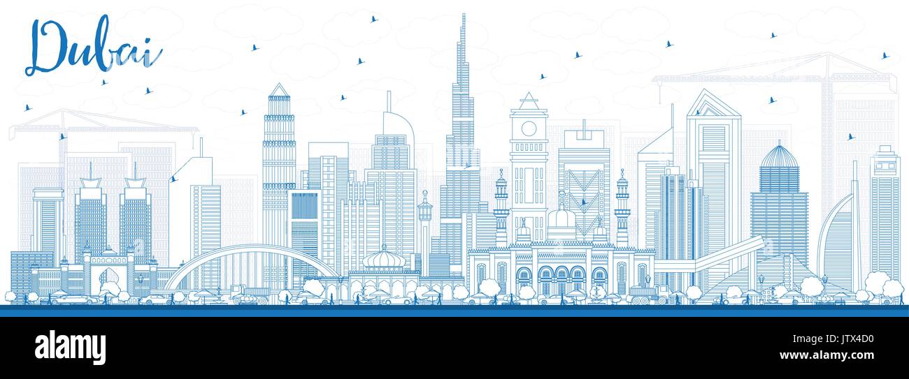 Outline Dubai UAE Skyline with Blue Buildings. Vector Illustration ...