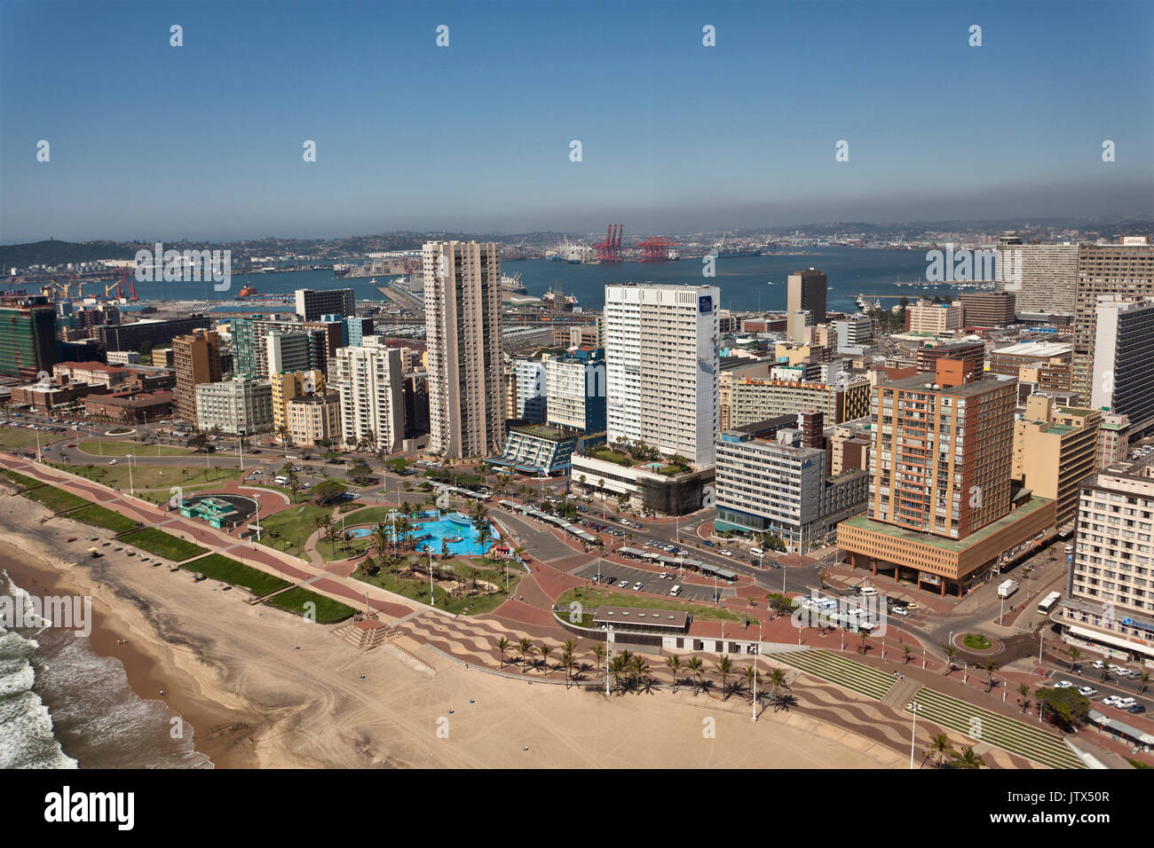 Aerial view od Durban beaches with hotels and apartments and the Durban ...