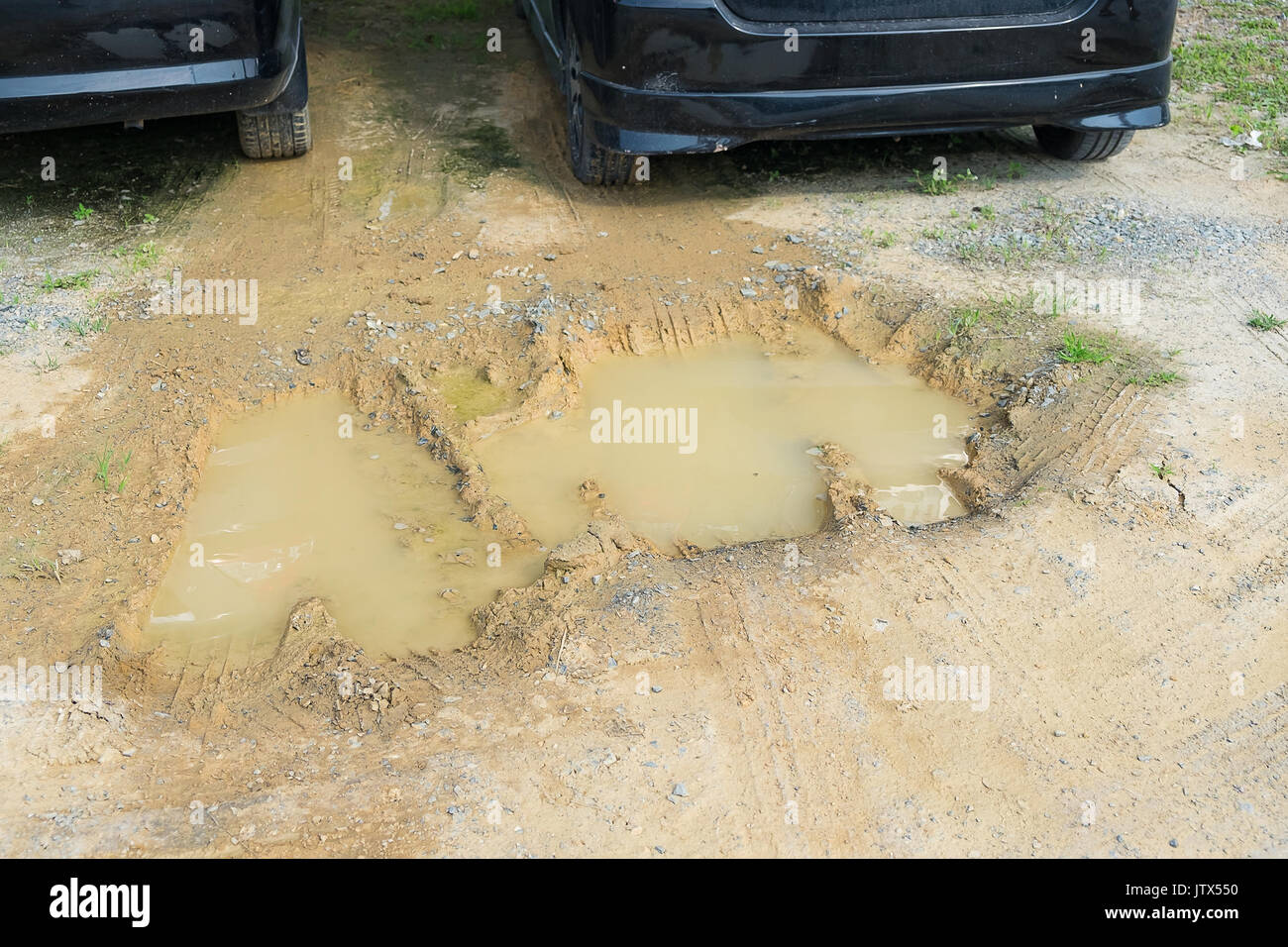 Wheel track in mire or car mired, rut fragment mired in mud in car park ...