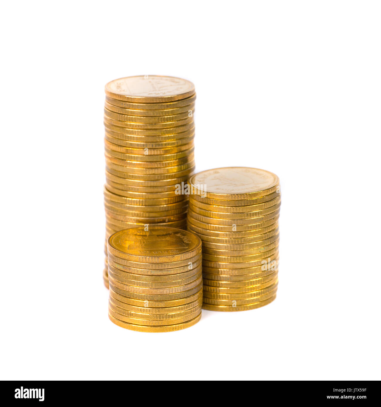 Columns of gold coins, piles of coins arranged on white background ...