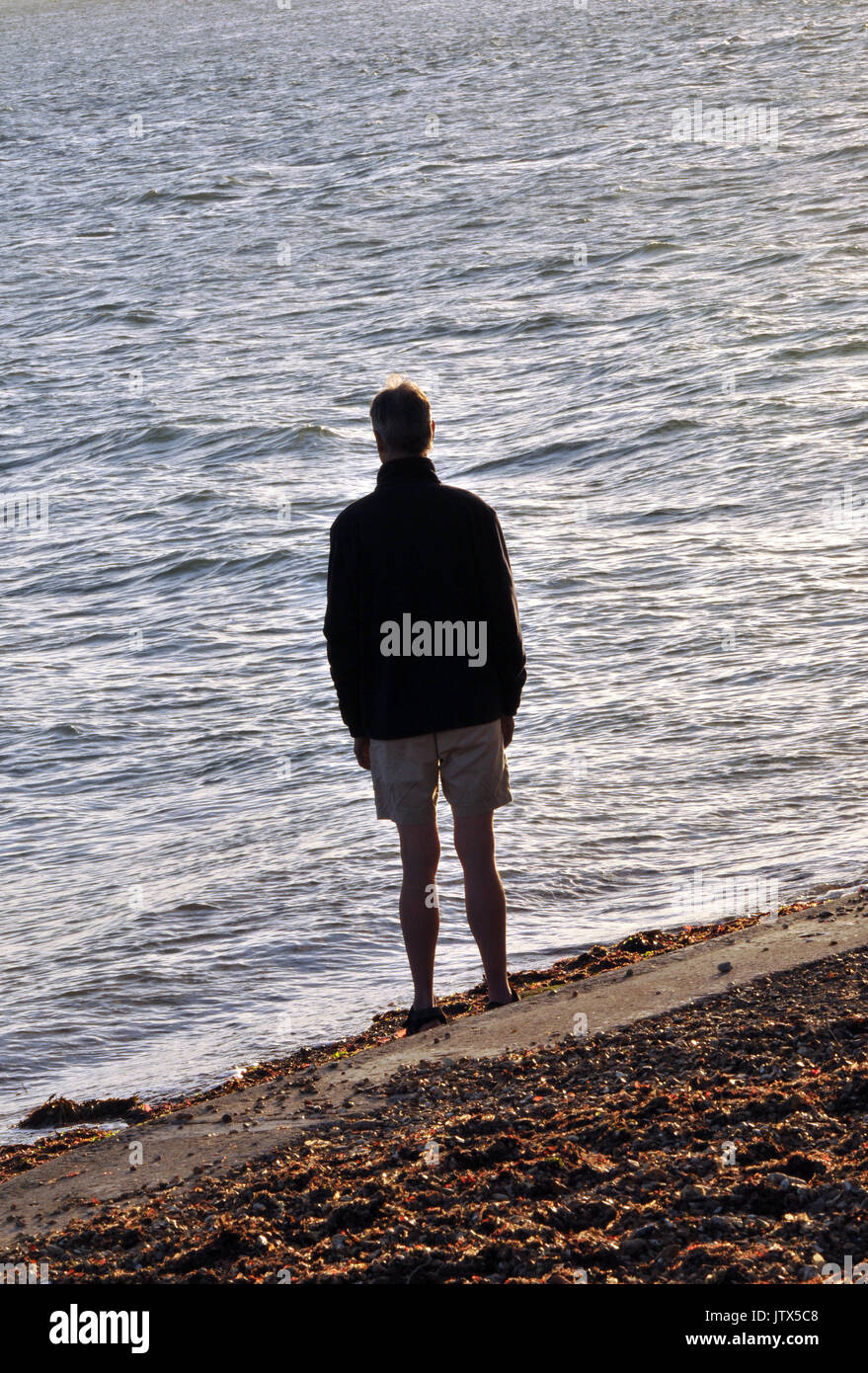 a man standing on a beach alone at sunset thinking and looking out to ...