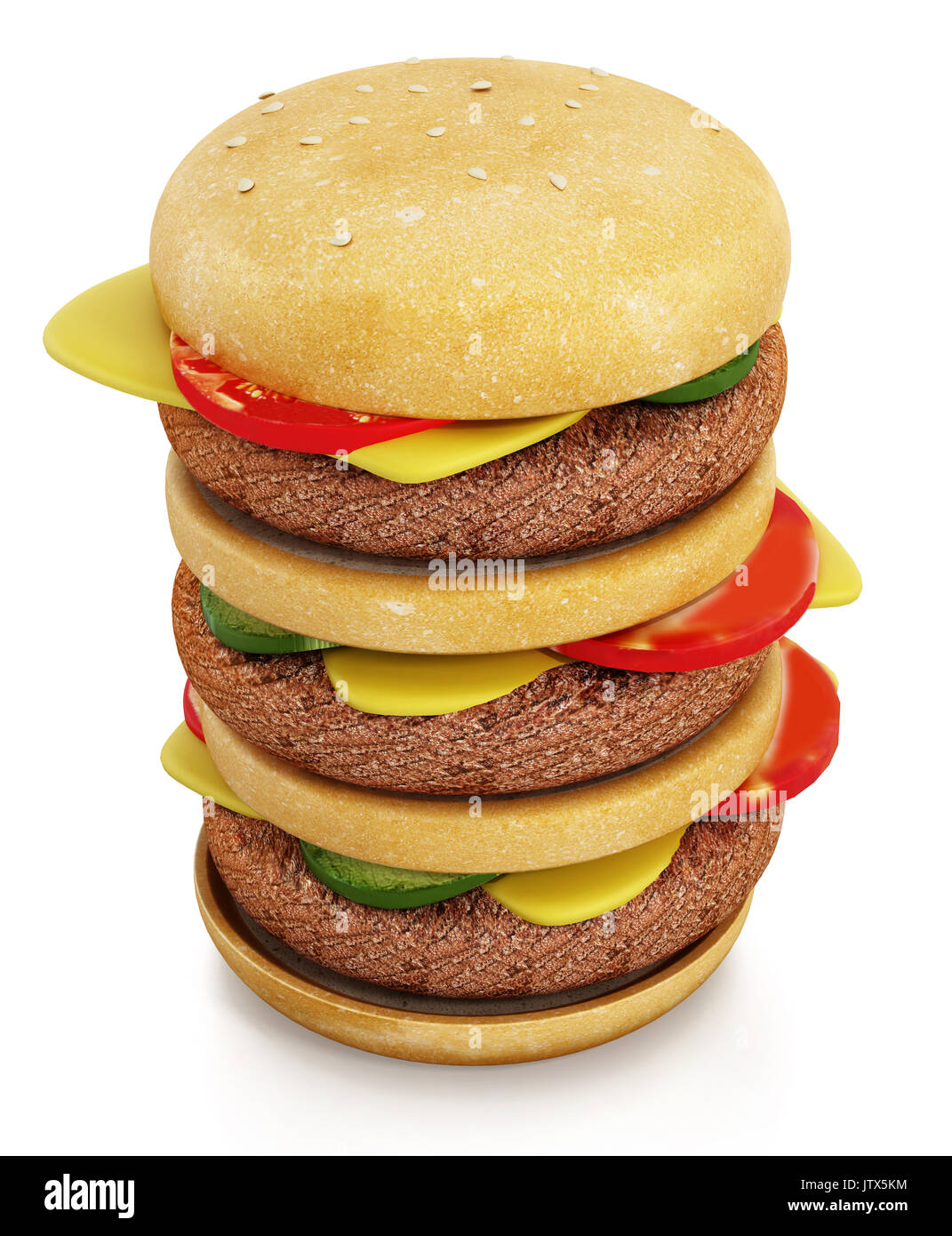 Triple sized hamburger isolated on white background. 3D illustration ...