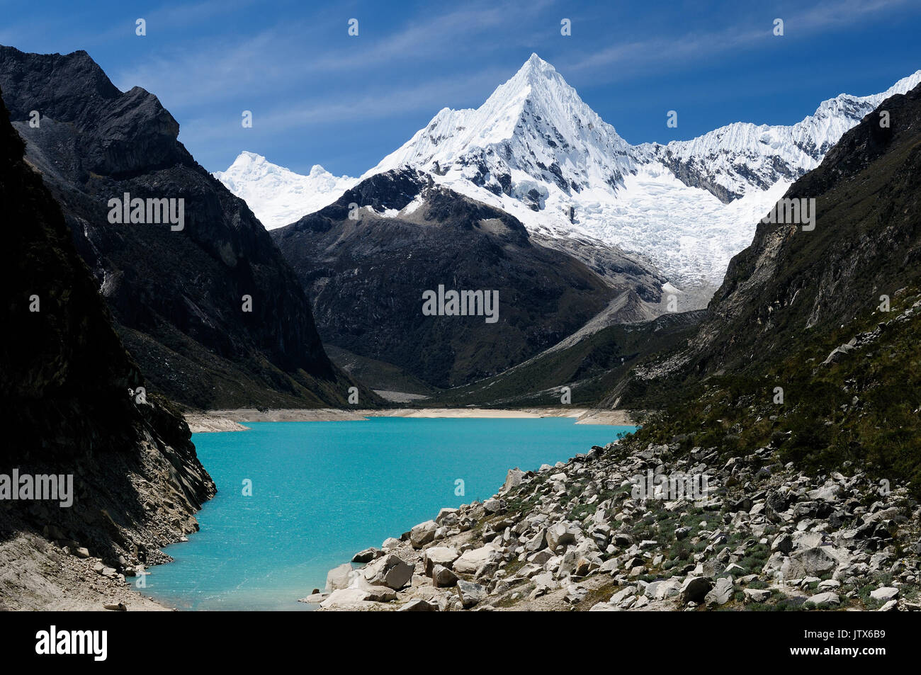 Beautiful Cordillera Blanca mountain. The picture presents lagoon Paron ...