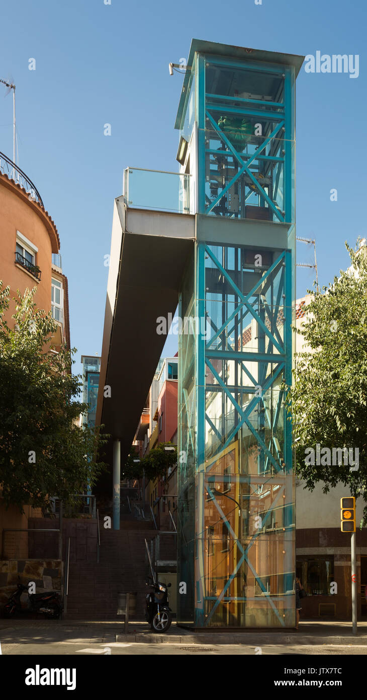 Outdoors glass elevator in Roquetes - mountain area of Barcelona, Spain ...
