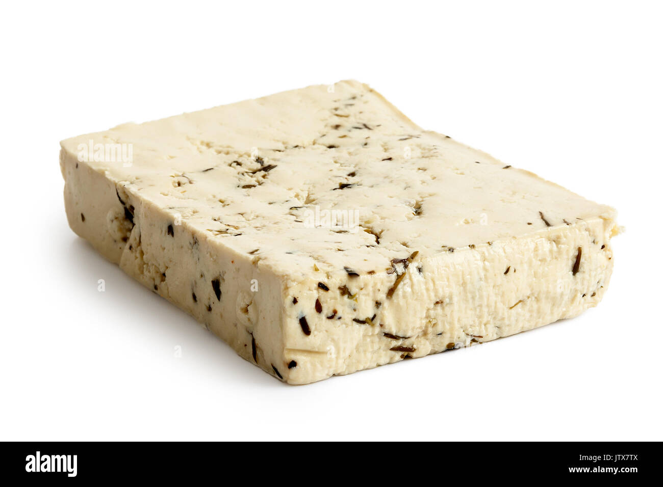 Single block of natural tofu with herbs isolated on white Stock Photo ...