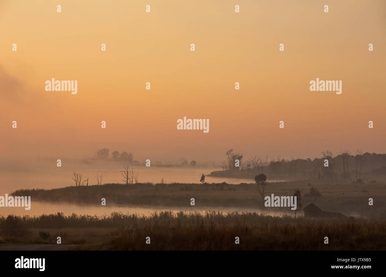 A thatched bird hide overlooking the fog-blanketed waters of the dam in ...