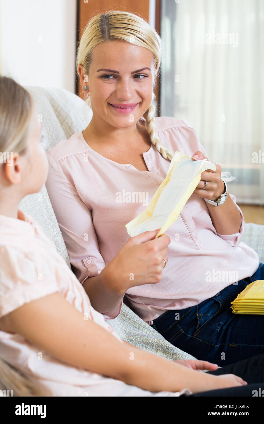 Mother and little girl having conversation about feminine hygiene Stock ...