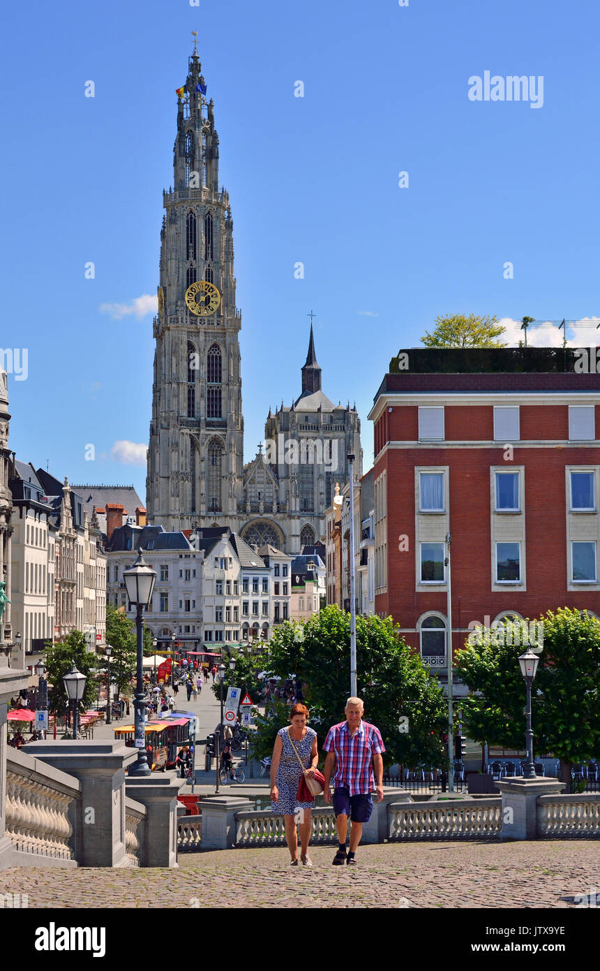 Antwerp, Belgium. Cathedral spire and Suikerrui (street) seen from ...