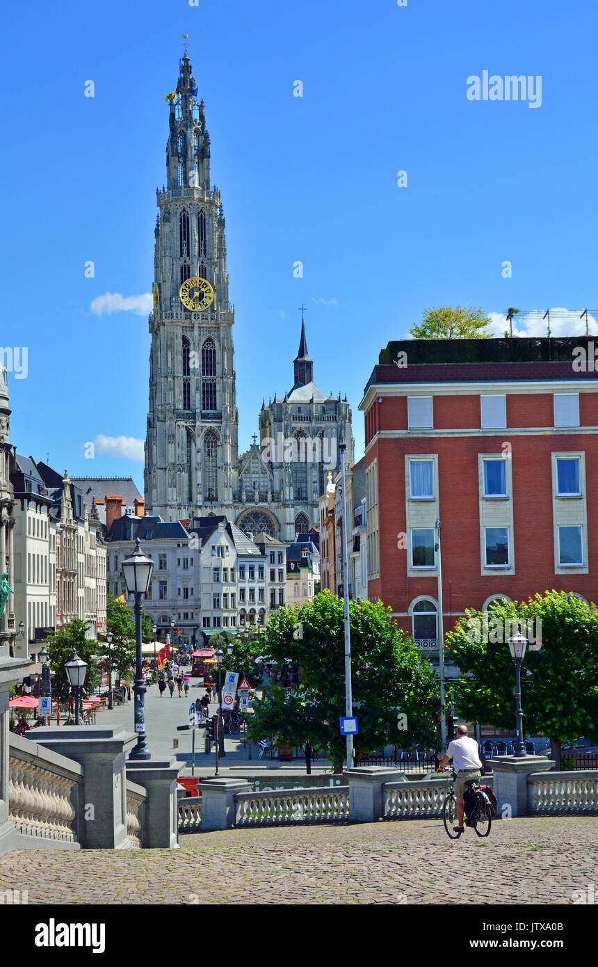 Antwerp, Belgium. Cathedral spire and Suikerrui (street) seen from ...