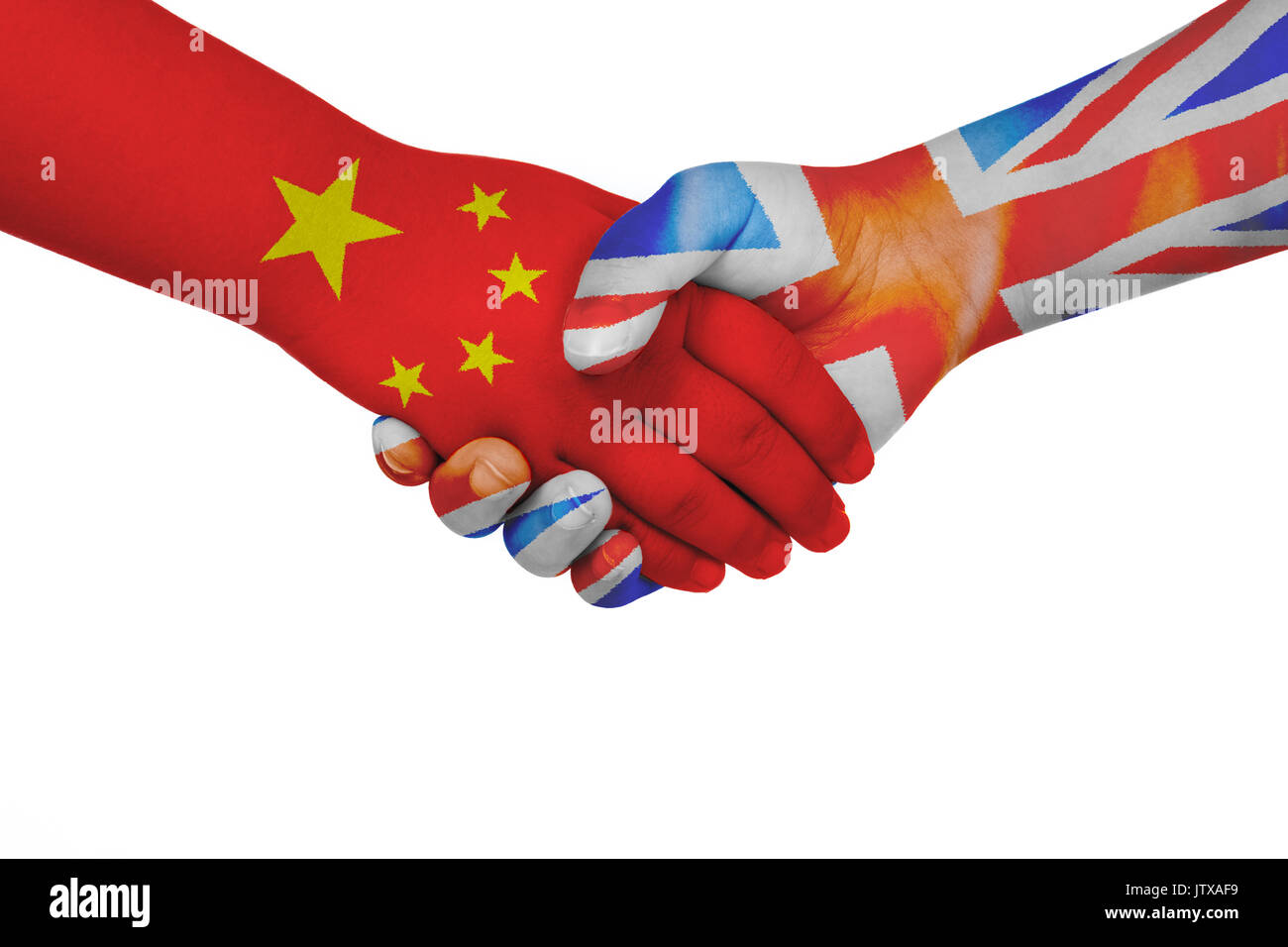 Handshake between China and United Kingdom with flags painted on child ...