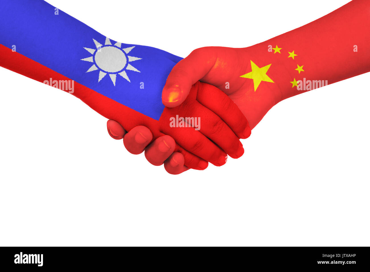 Handshake between China and Taiwan with flags painted on child's hands ...