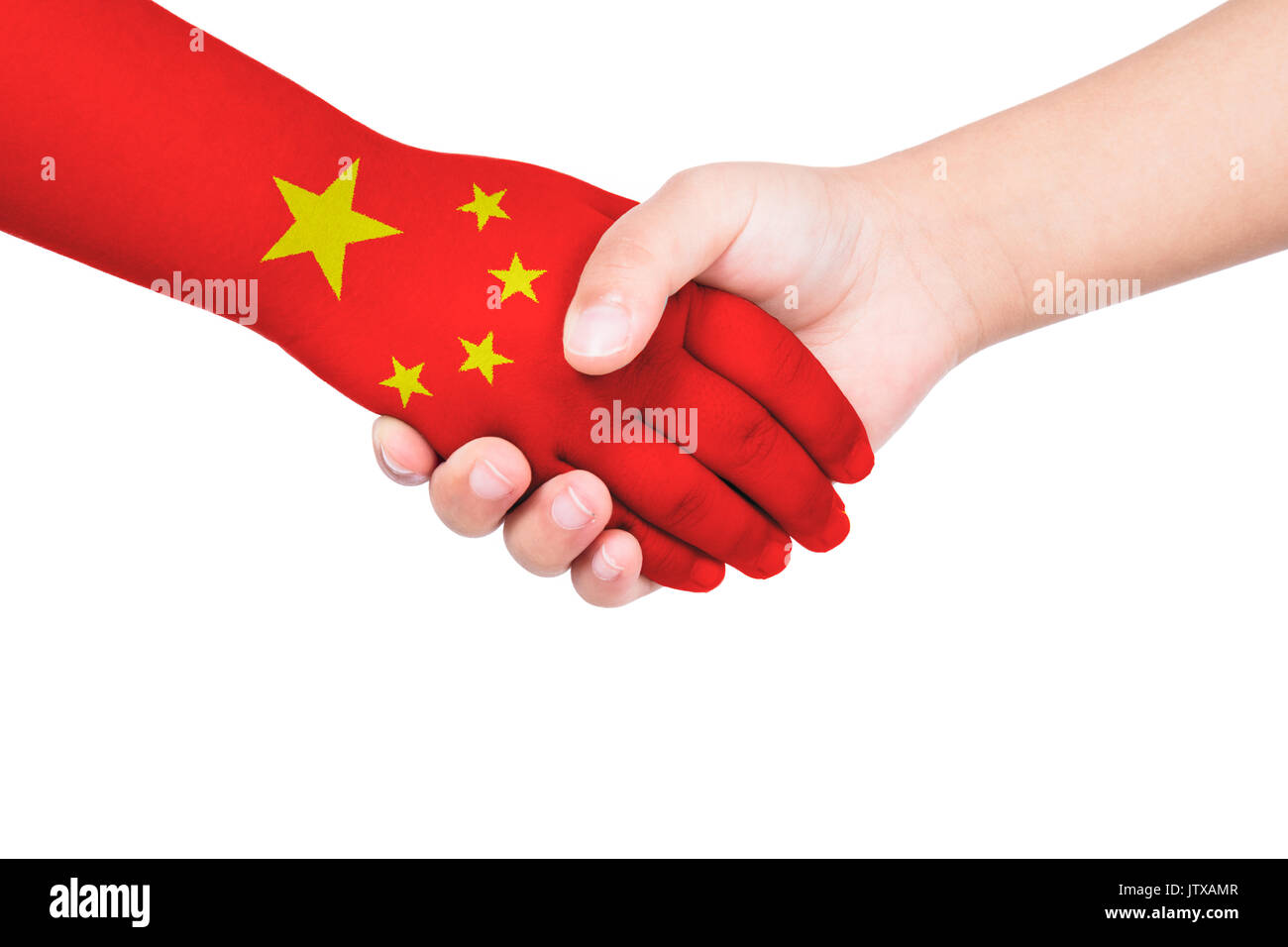 Handshake between a child and China with flags painted on hand in ...