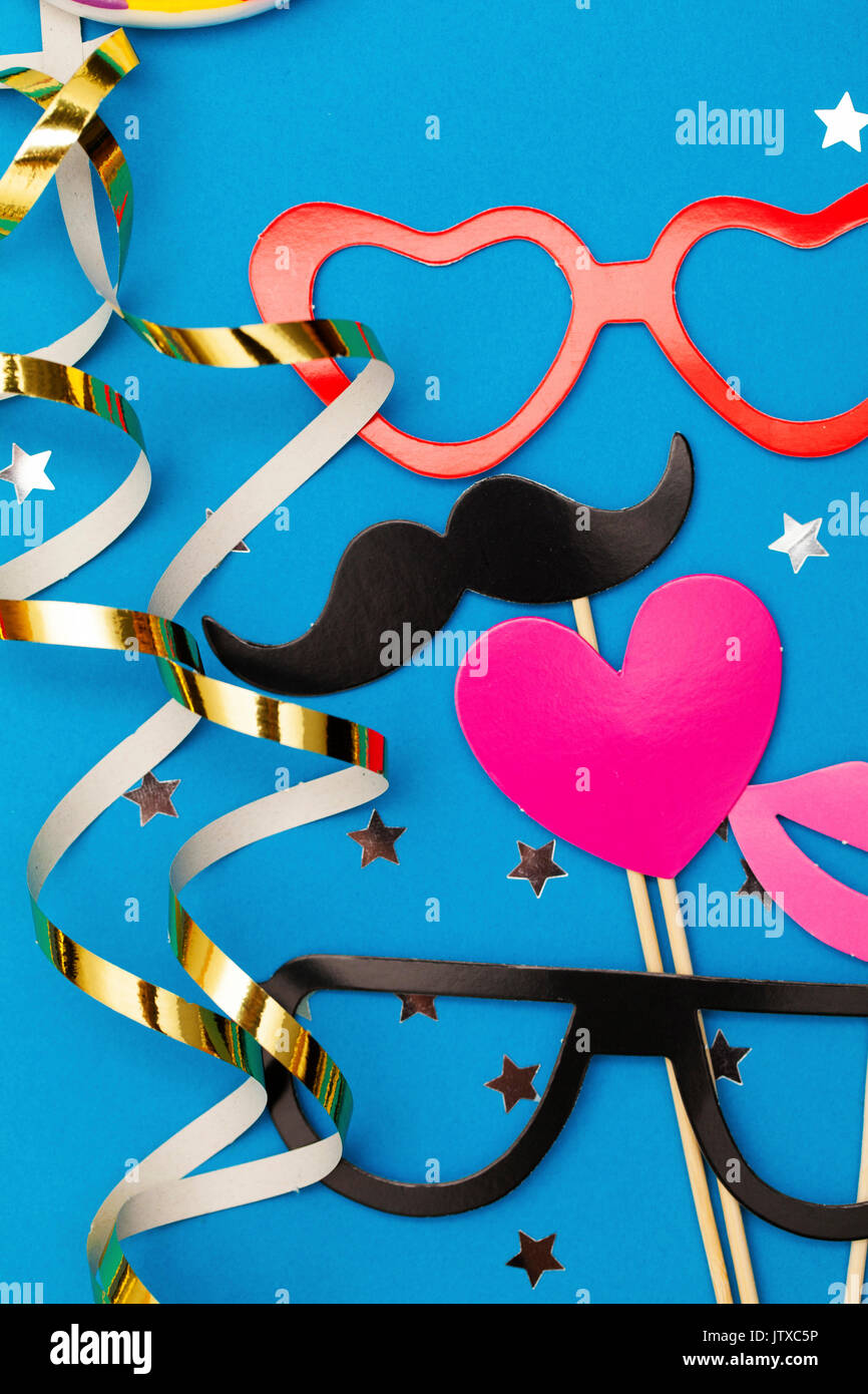 Party background with funny props on a blue background. Wedding party ...