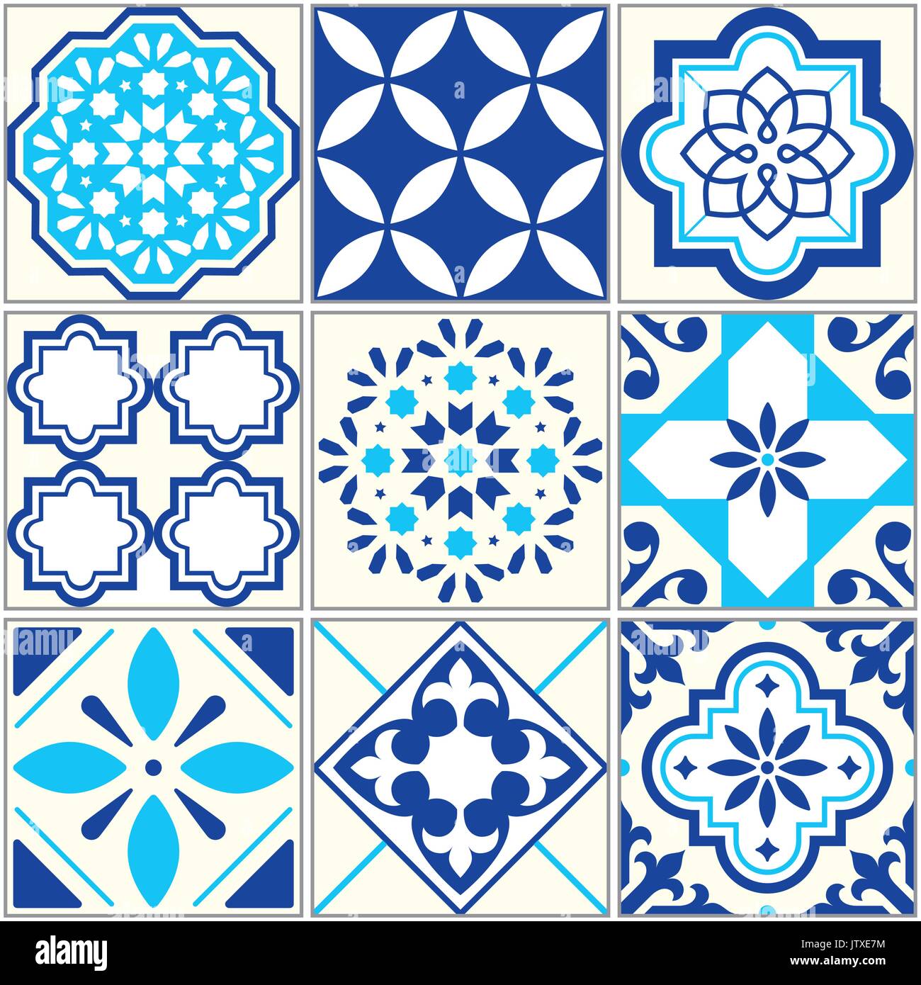 Vector tiles blue pattern, Lisbon floral mosaic, Mediterranean seamless ...
