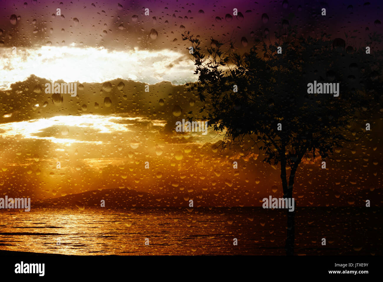 Looking through a misty window with raindrops at a rain shower at ...