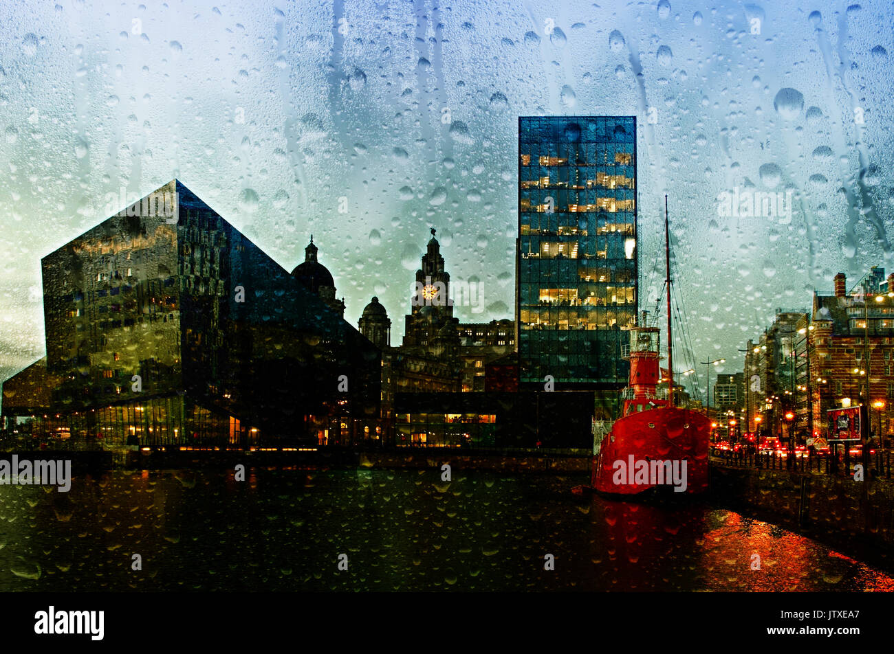 Looking through a misty window with raindrops at Liverpool waterfront ...