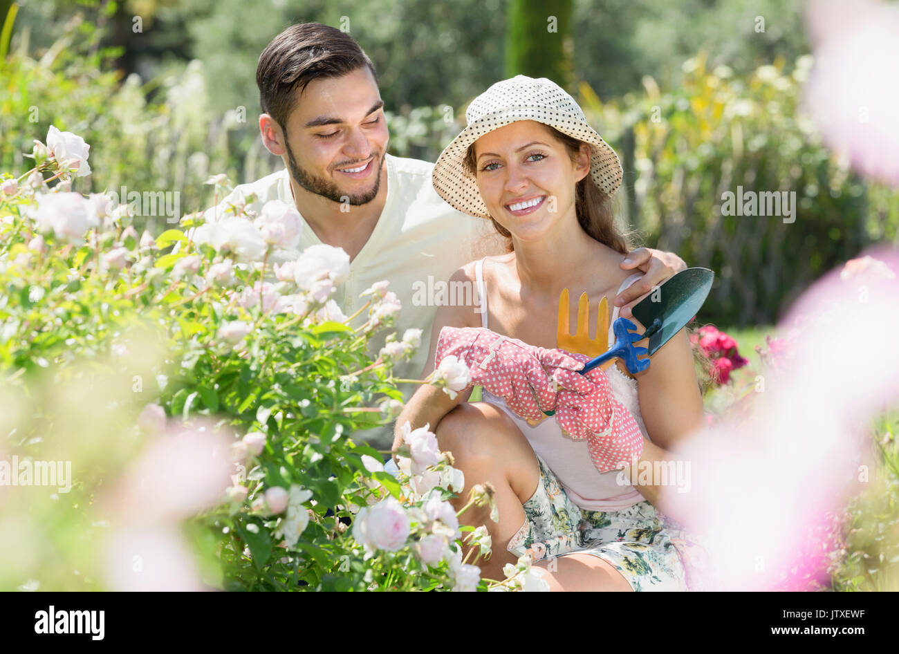 Young married couple planting garden plants in summer holiday Stock ...