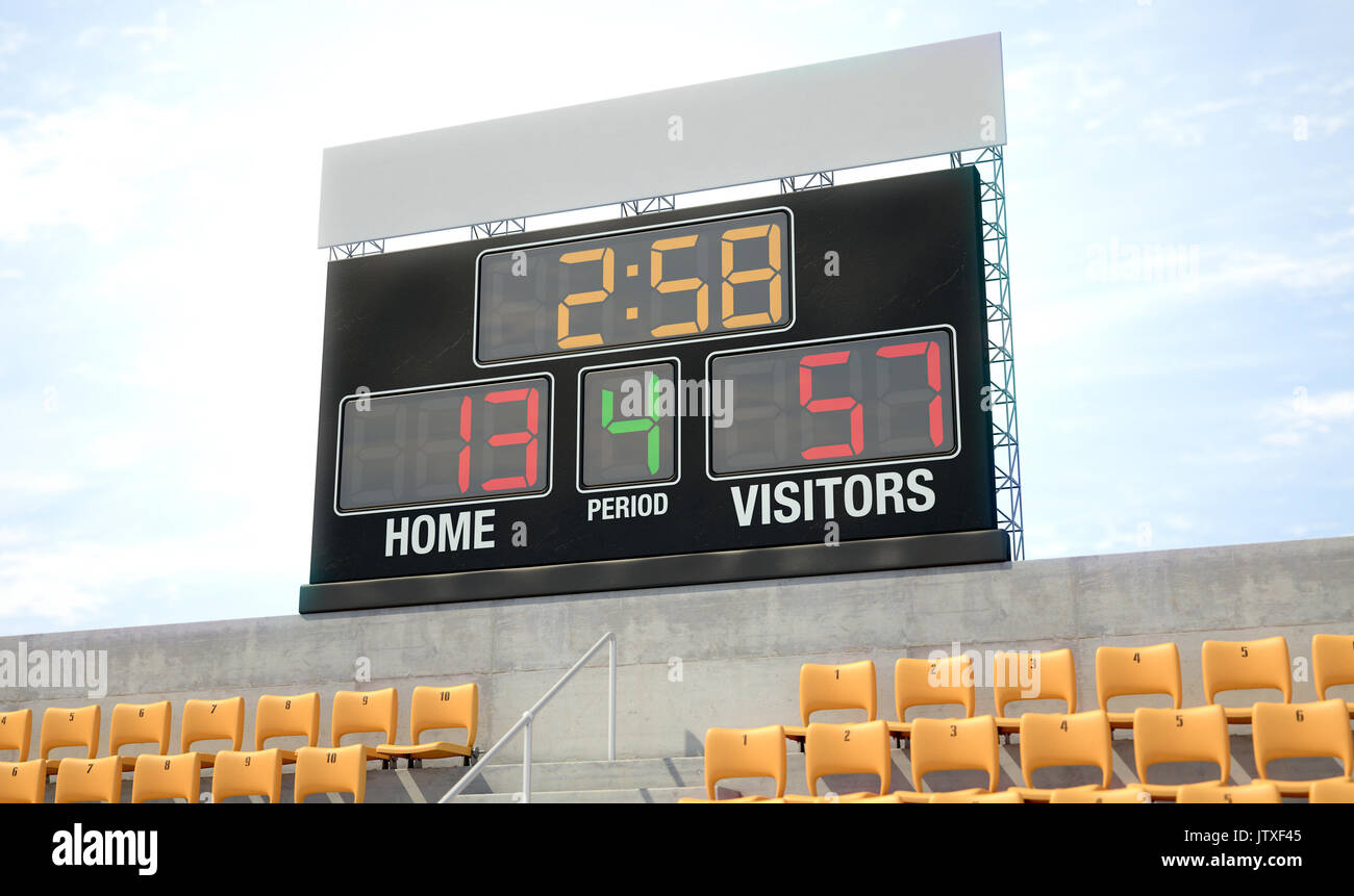 A stadium scoreboard screen above the stands in the day time showing ...