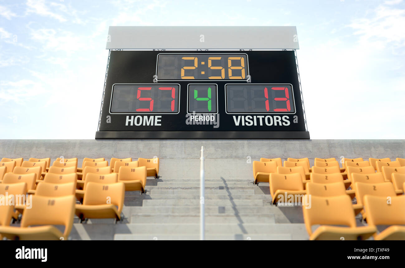 A stadium scoreboard screen above the stands in the day time showing ...