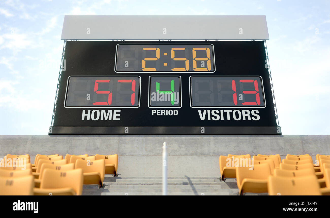 A stadium scoreboard screen above the stands in the day time showing ...