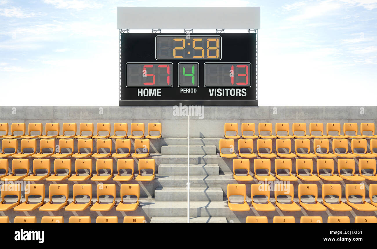 A stadium scoreboard screen above the stands in the day time showing ...