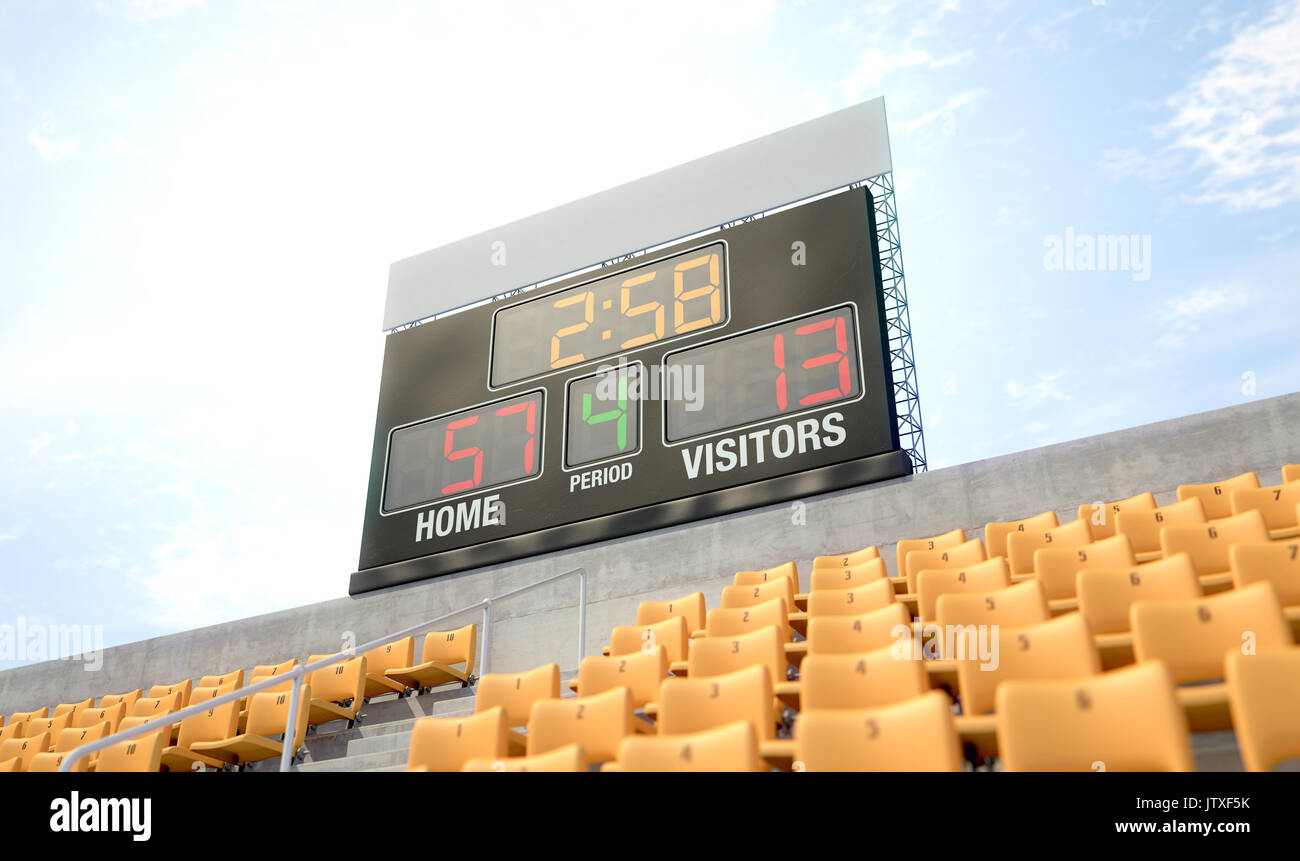 A stadium scoreboard screen above the stands in the day time showing ...