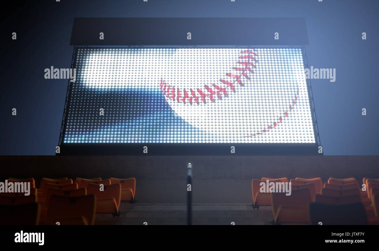 An illuminated stadium big screen showing a baseball replay in the ...