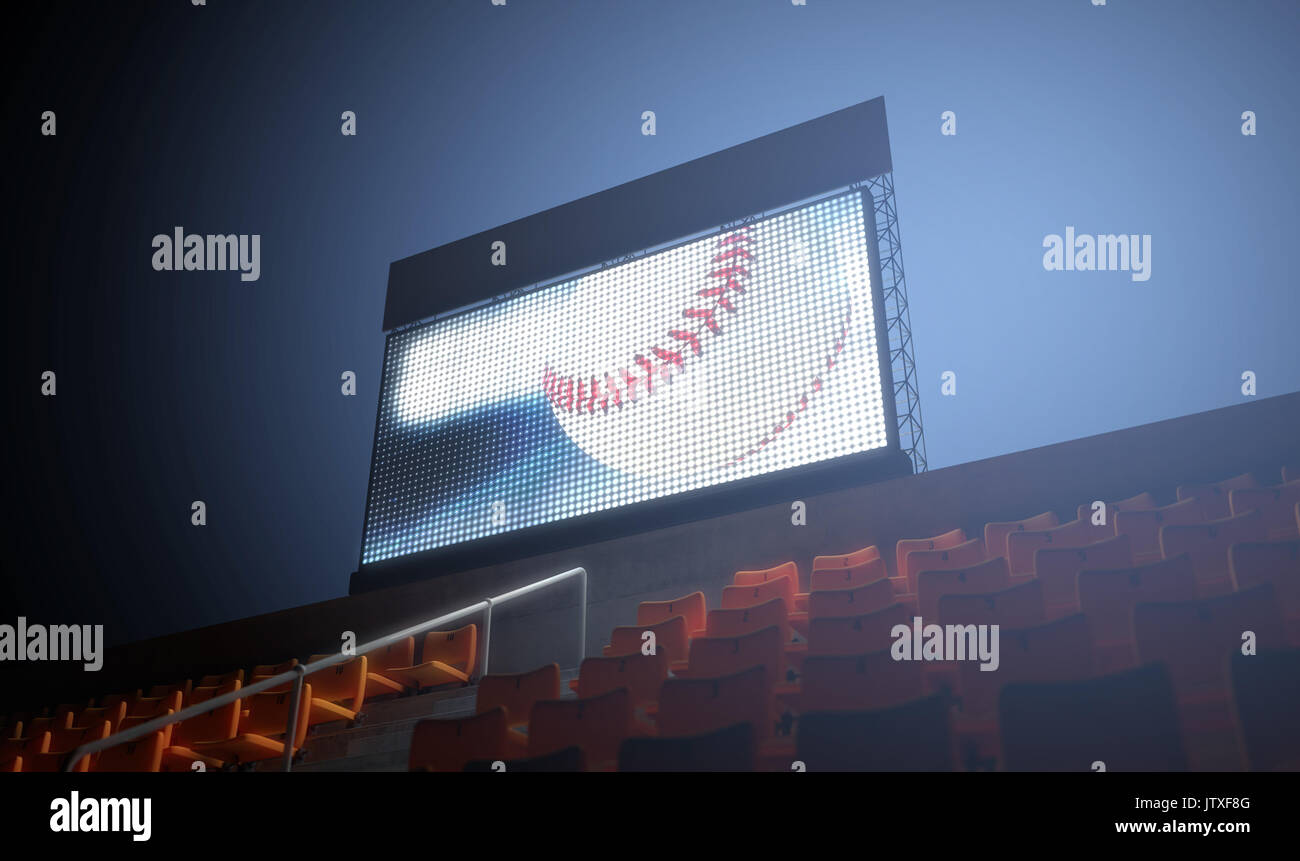 An illuminated stadium big screen showing a baseball replay in the ...