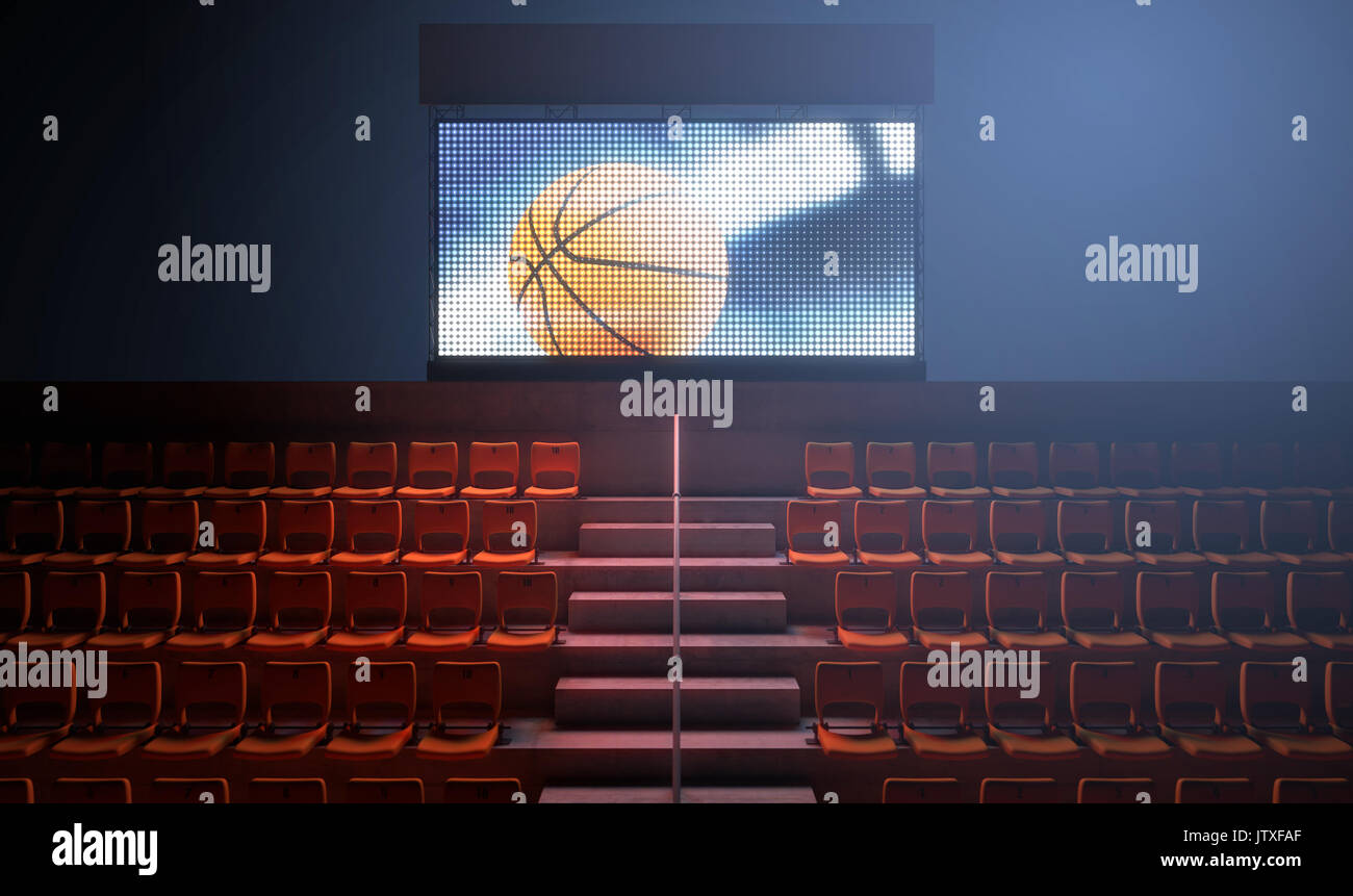 An illuminated stadium big screen showing a basketball replay in the ...