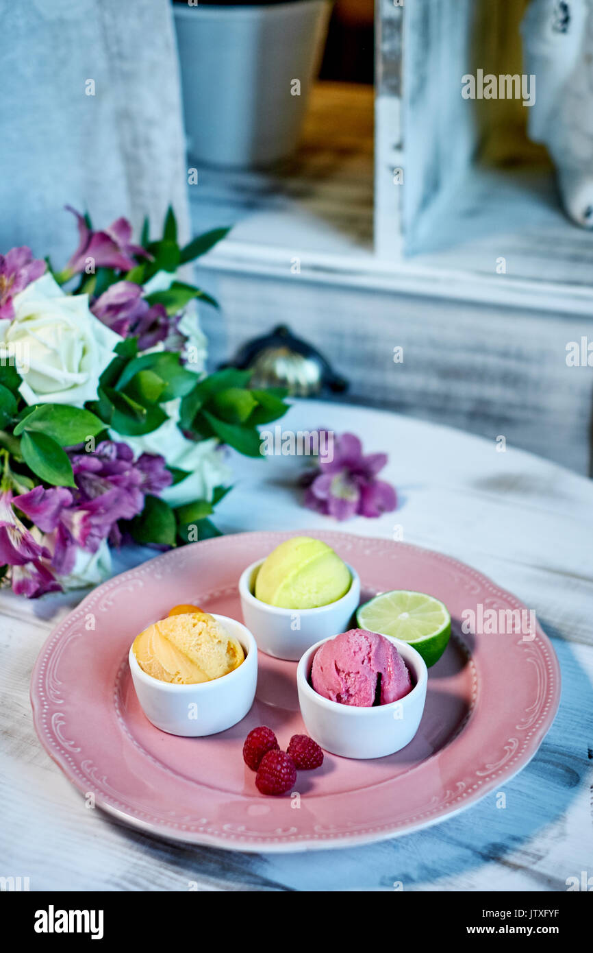 Selection of gourmet flavours of Italian ice cream in vibrant colors ...