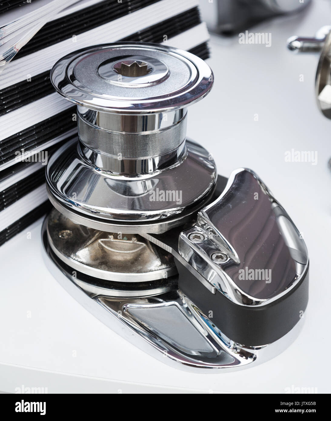 New horizontal anchor windlass with electric motor, close up Stock ...