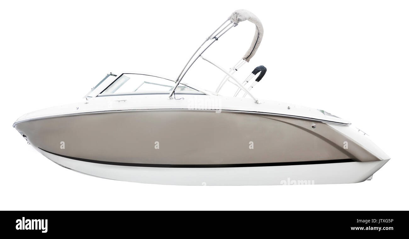 Side view of motor boat. Isolated over white background Stock Photo - Alamy