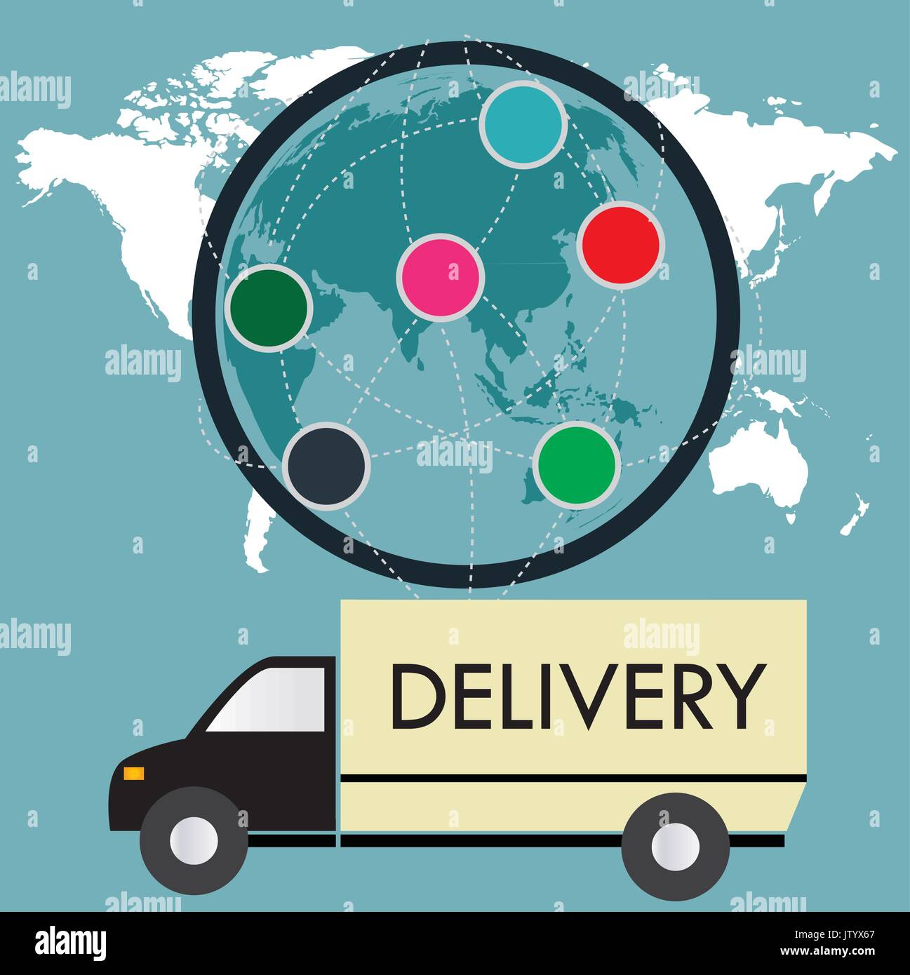 delivery truck on a background map of the world, flat, vector ...