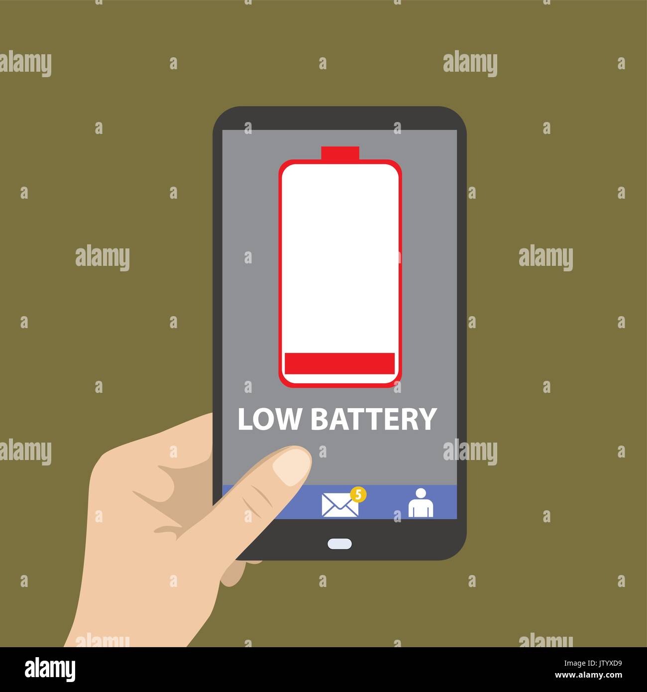 Hand holding smartphone with low battery, vector illustration Stock ...