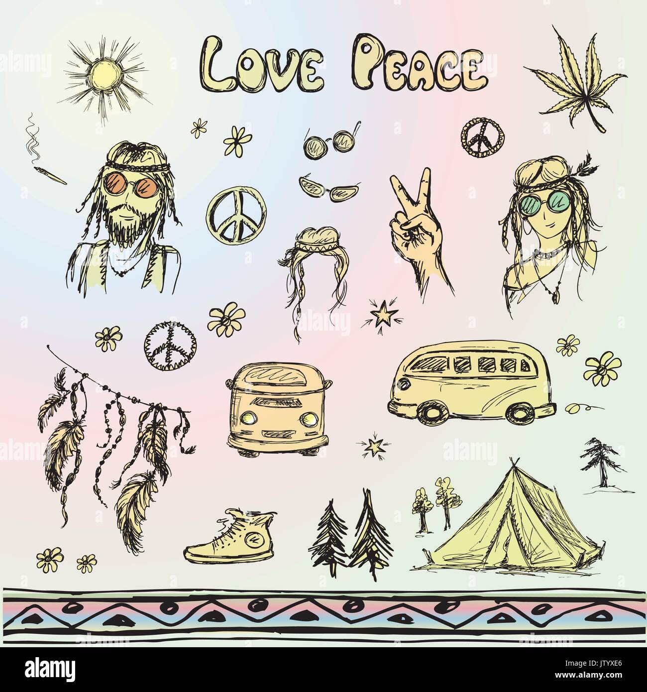 Hand drawn hippie set, sketchy design. Vector Stock Vector Image & Art ...