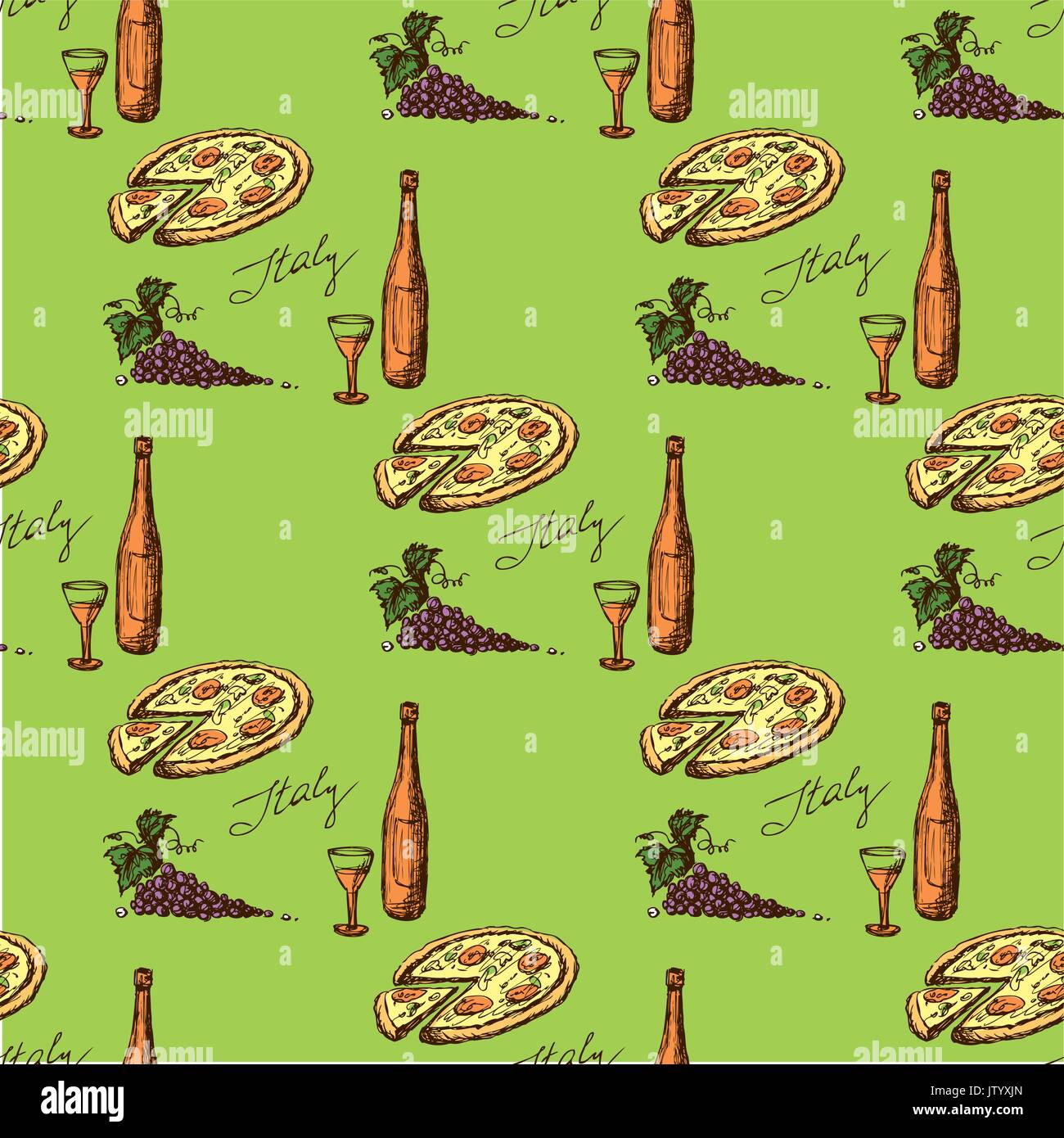Seamless pattern food and drink - The symbol of Italy. Hand drawing ...