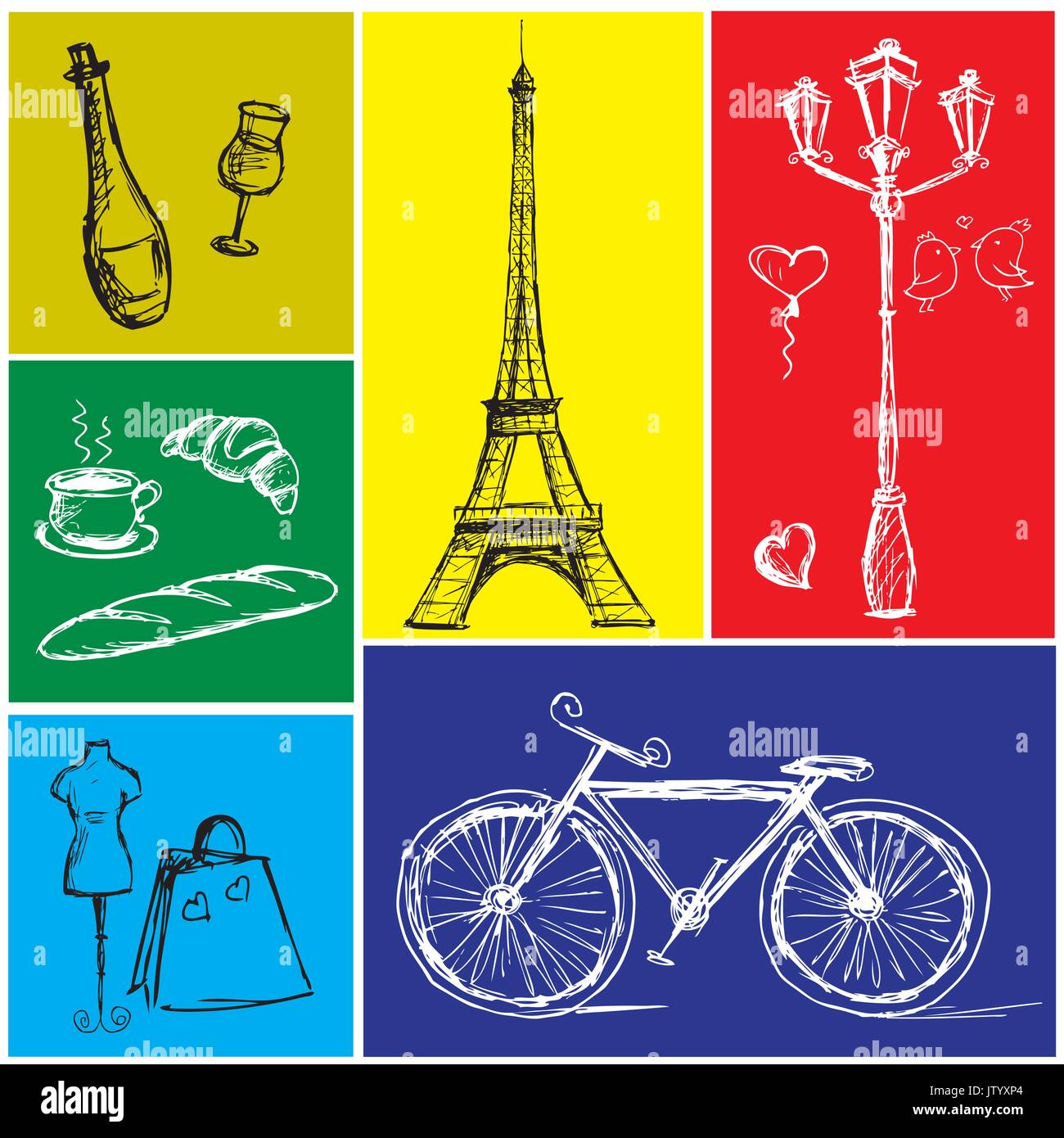 Symbols of Paris in a colored rectangle, hand drawing, vector ...