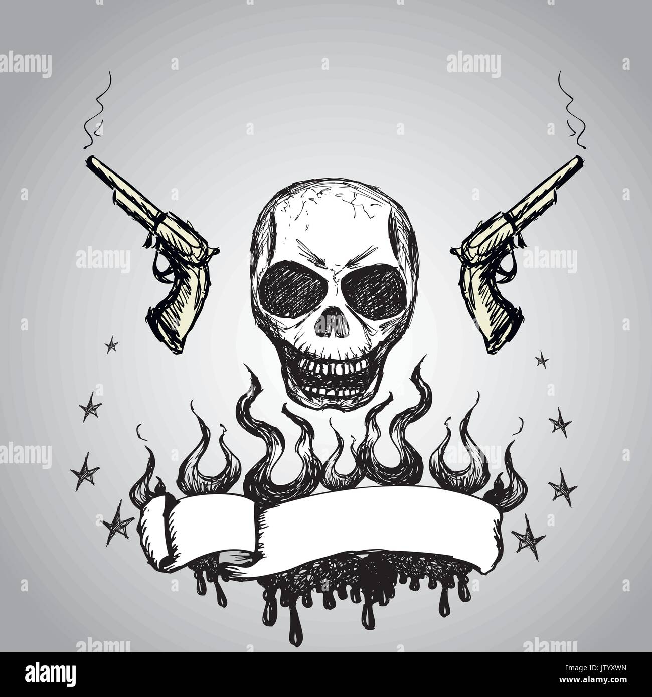 Skull with revolvers and ribbon for text, hand drawing,vector Stock ...