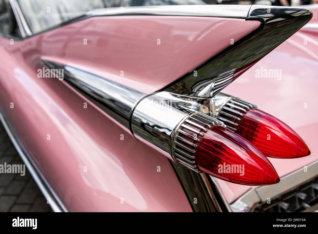 Vintage Car Festival "Golden Oldies", tail fin and taillights of a pink ...