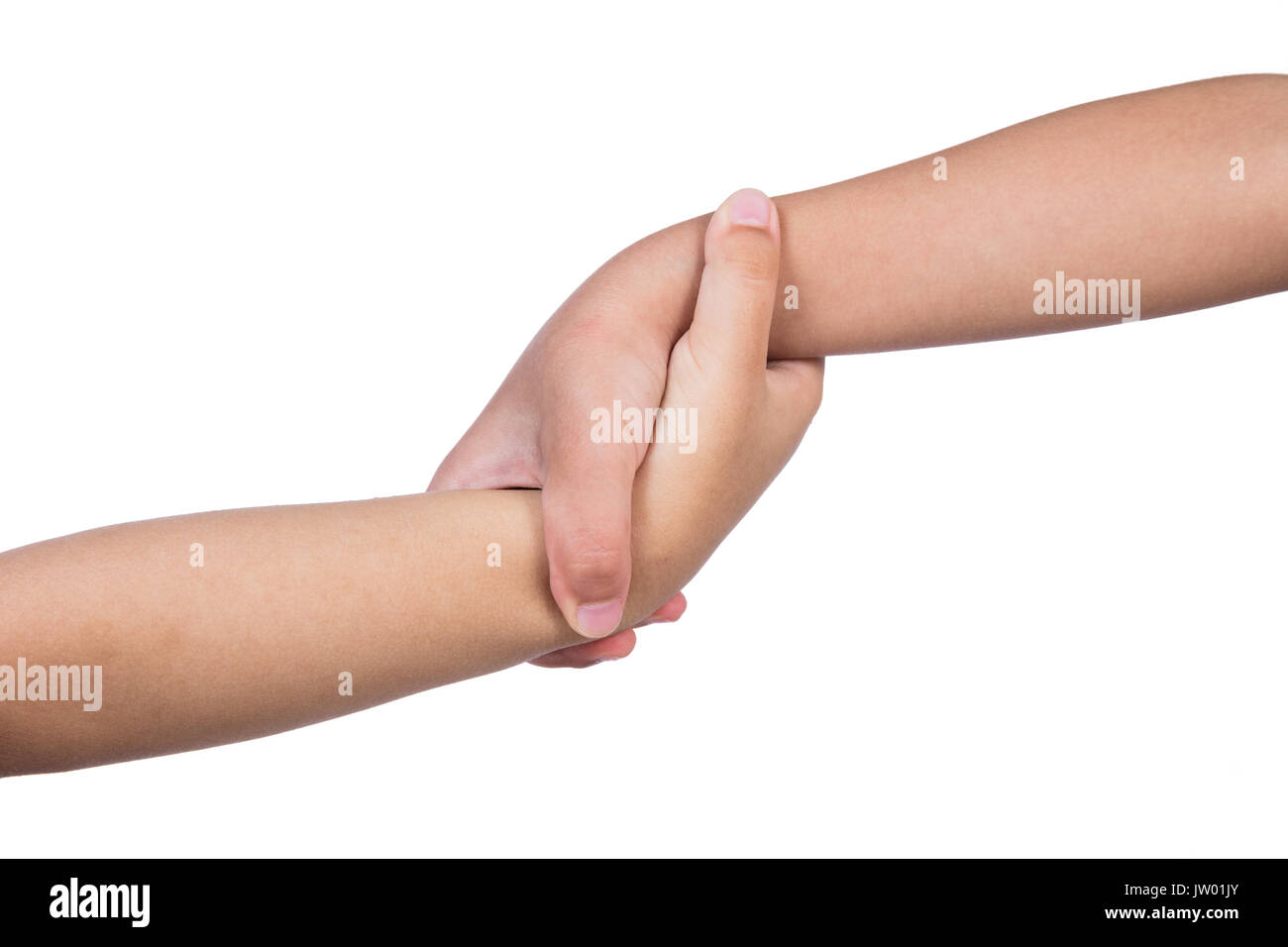 Helping hands of two children in isolated white background Stock Photo ...