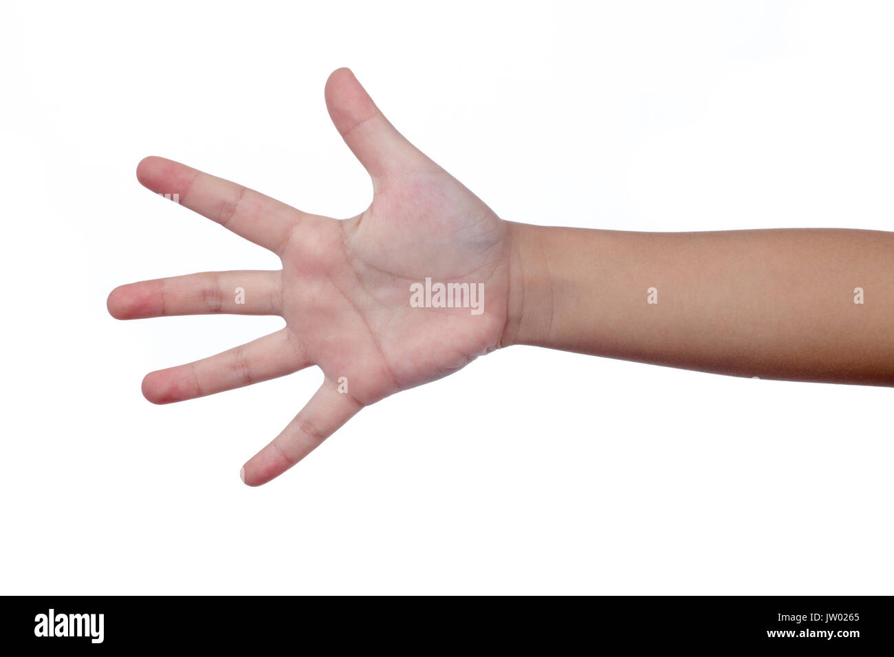Child's hand showing the number five in isolated white background Stock ...