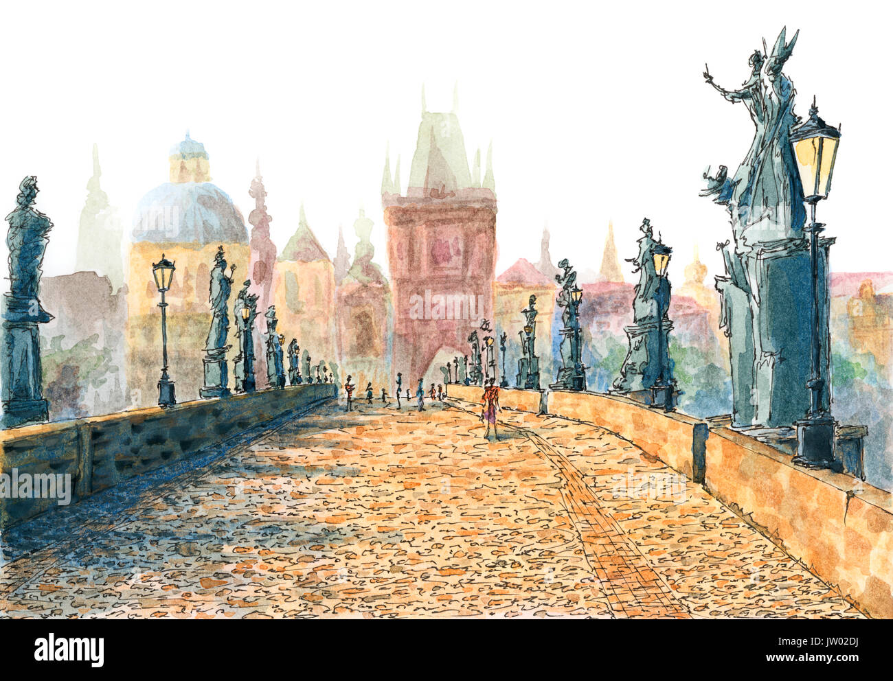 Charles Bridge (Prague, Czech Republic). Ink and watercolor on rough ...