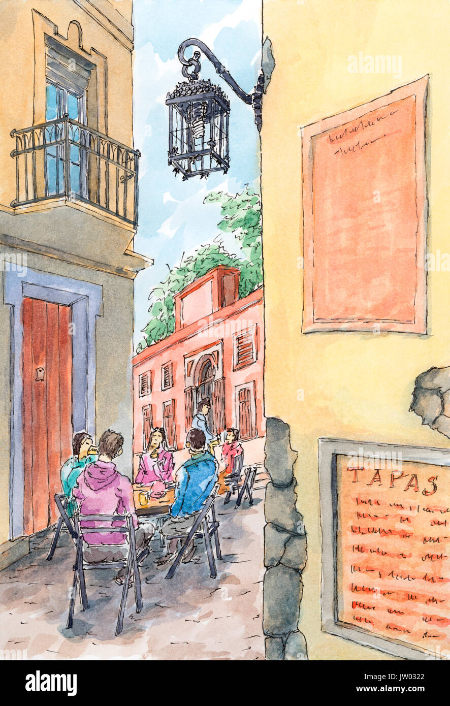 Spanish old street with seated persons. Ink and watercolor on rough ...
