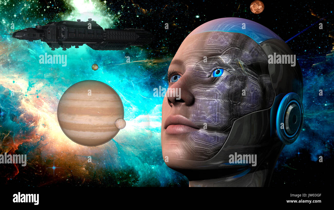 Cyborg woman with planets, spaceship and space background - 3d ...
