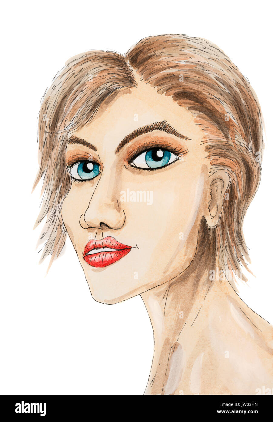 Woman portrait. Ink and watercolor on rough paper Stock Photo - Alamy